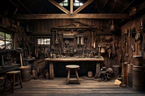 Rustic Wood Shop Work Shop With Old Rusted Tools Hanging On The Wall