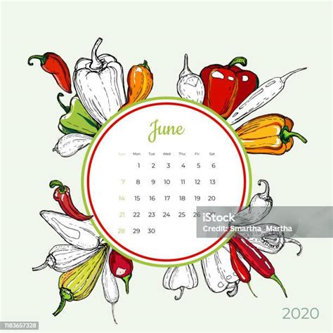 2020 Juni Kalender Sayuran Bell Cabai Lada Bahan Makanan Vektor Seni Set Meja Layar Templat