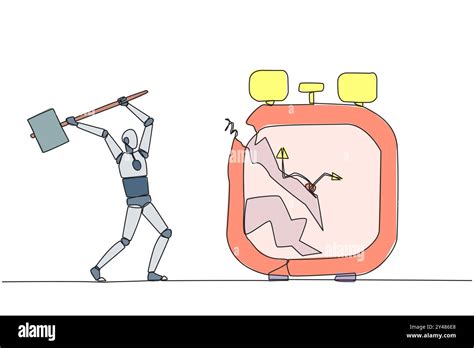Continuous One Line Drawing Smart Robot Preparing To Hit The Big Alarm Clock Cant Manage Time