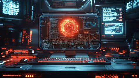 futuristic computer interface with glowing orb display stock
