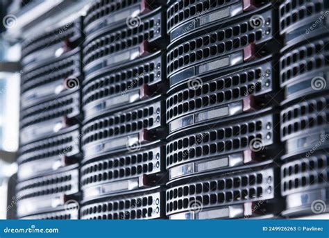 cluster of data storage hard drives inside server room stock image