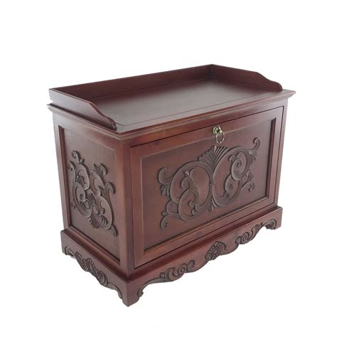 Engraved Wooden Shoe Cabinet With Drop Down Opening And Metal Hinges
