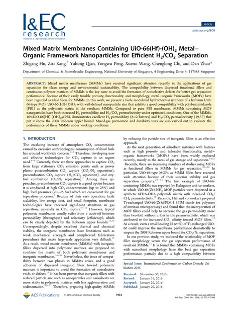 Pdf Mixed Matrix Membranes Containing Uio 66hf Oh 2 Metalorganic Framework Nanoparticles