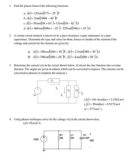 solved find the phasor form of the following functions a