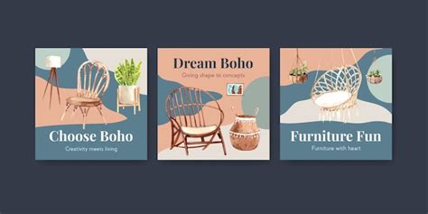 수채화 그림 마케팅을위한 Boho 가구 컨셉 디자인 템플릿 광고 무료 벡터