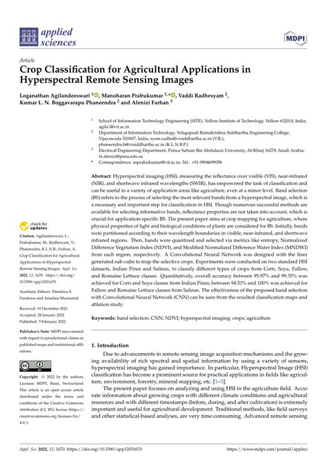 PDF Crop Classification For Agricultural Applications In Hyperspectral Remote Sensing Images
