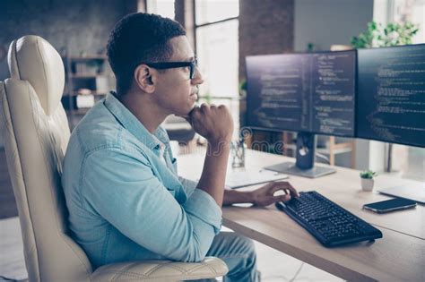 Profile Shot Of Confident Data Analyst It Specialist Young Guy Thinking Researching Web