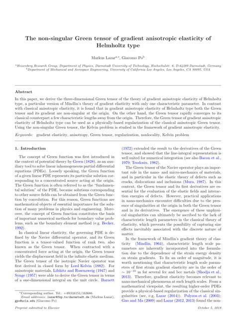 Pdf The Non Singular Green Tensor Of Gradient Anisotropic Elasticity Of Helmholtz Type