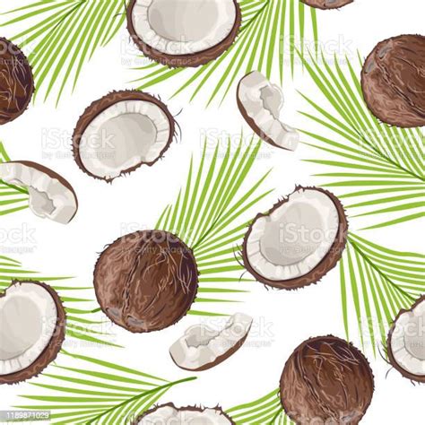 코코넛과 야자수 잎이 흰색 배경에 고립 된 원활한 패턴 전체 코코넛과 조각 만화 플랫 스타일의 벡터 일러스트레이션입니다 코코넛에 대한 스톡 벡터 아트 및 기타 이미지