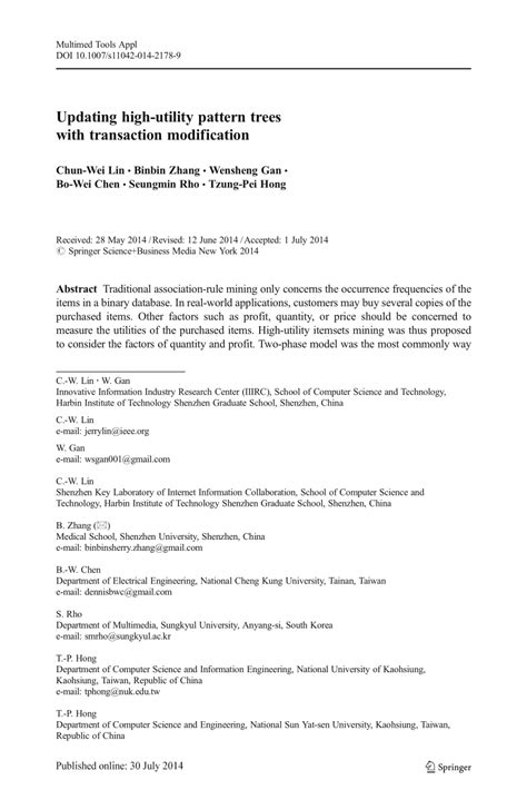 pdf updating high utility pattern trees with transaction modification