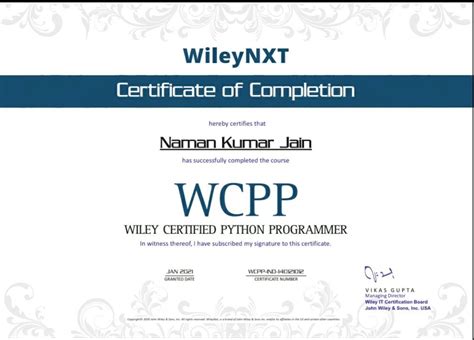 Got Certified On Completion Of Python Programming By Wiley ️ Naman
