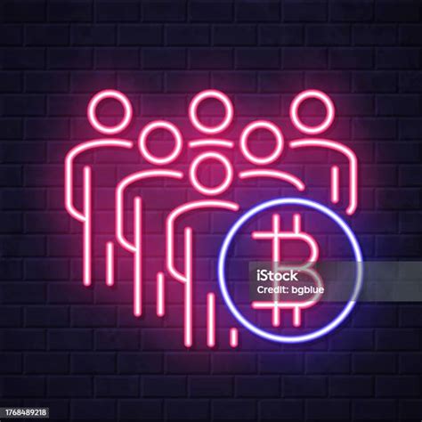Crowd With Bitcoin Sign Glowing Neon Icon On Brick Wall Background Stock Illustration Download