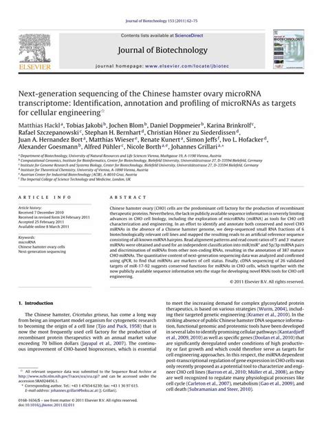Pdf Next Generation Sequencing Of The Chinese Hamster Ovary Microrna Transcriptome