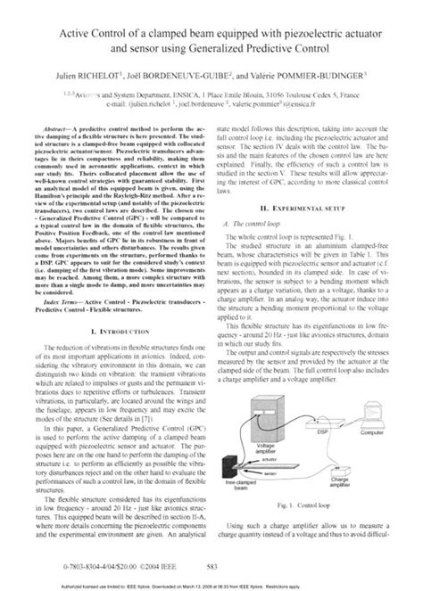 active control of a clamped beam equipped with piezoelectric actuator