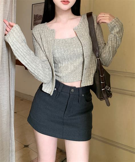 포앤바이앤 니트 나시탑 가디건 투피스 스트랩 민소매 이너니트 And 라운드넥 긴소매 골지 멜란지 슬림핏 크롭 짧은 숏 가디건 세트 발랄한 하이틴 스트릿 캠퍼스룩 10대