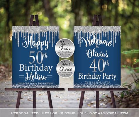 Birthday Welcome Sign Printable Dripping Silver Glitter Denim Blue