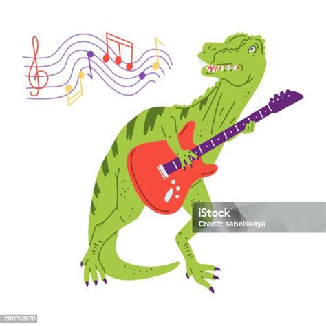 Ilustrasi Vektor Tyrannosaurus Rex Bermain Gitar Elektrik Di Disko