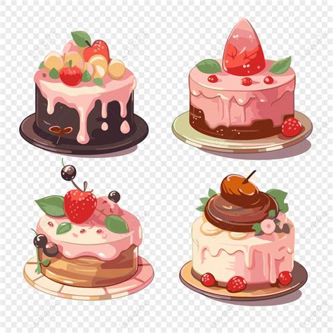 체리와 딸기 모양의 만화 케이크 4개 세트 벡터구운 식품재료 Png 일러스트 무료 다운로드 Lovepik