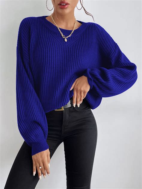 Drop Shoulder Solid Jumper Basic Blue Winter Sweater Royal Blue