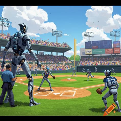 A Baseball Game In A Stadium Where Robots Play And A Giant Robot Is The Umpire On Craiyon