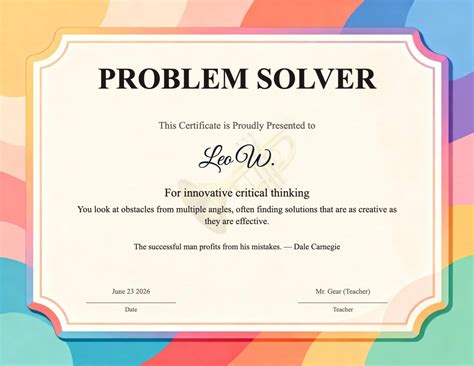 Colorful Problem Solver Certificate With Wavy Border — Classroom Award