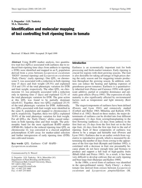 Pdf Identification And Molecular Mapping Of Loci Controlling Fruit Ripening Time In Tomato