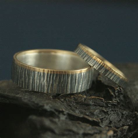 Nature Ring Set Tree Rings His And Hers Set Gold Silver Rings Tree Bark Bands Rustic Wedding