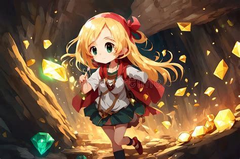 Young Anime Girl Diving Exploring Treasure Filled Cave Stock