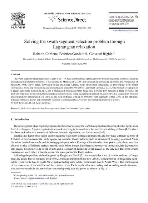 Pdf Solving The Swath Segment Selection Problem Through Lagrangean Relaxation