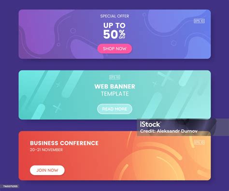 푸시 버튼과 다채로운 웹 배너 그라데이션 색상과 추상적 인 기하학적 배경 수평 프로모션 배너의 컬렉션입니다 헤더 디자인 활기찬 쿠폰 템플릿 벡터 Eps 10 웹 배너에 대한