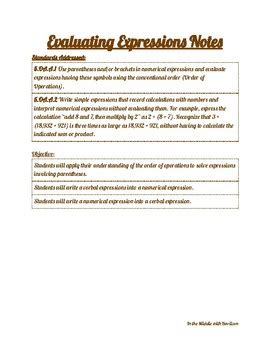 5th Grade Expressions Evaluating Expressions Notes TPT