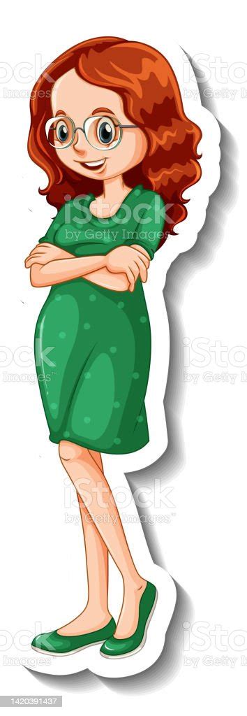 서있는 자세로 녹색 드레스를 입은 여성이있는 스티커 템플릿 감정에 대한 스톡 벡터 아트 및 기타 이미지 감정 공란 드레스