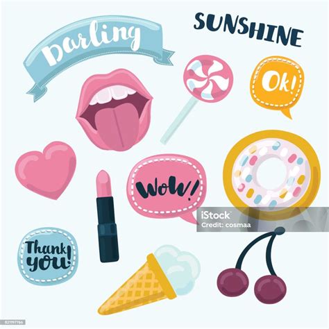 입술 마음 연설 거품 별 및 다른 요소와 패치 배지 패션 벡터 그림을 흰색 배경에 고립입니다 집합이 스티커 핀 패치 만화에서 8090 년대 만화 스타일 도넛에 대한 스톡