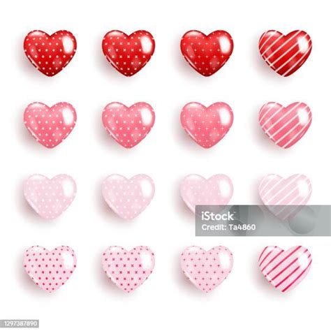 다른 색상의 현실적인 발렌타인 하트 아이콘 컬렉션 사랑의 상징 3d 스타일의 현대적인 디자인은 흰색 빈 배경에 고립 되어 있습니다 벡터 일러스트 디자인 2월에 대한 스톡