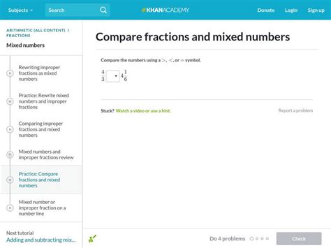 Khan Academy Comparing Fractions And Mixed Numbers Unknown Type For 3rd 5th Grade Lesson Planet