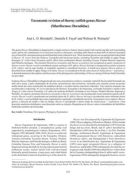 Pdf Taxonomic Revision Of Thorny Catfish Genus Hassar Siluriformes