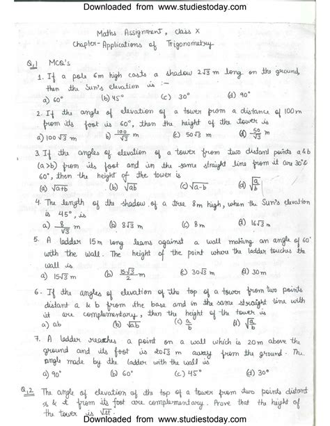 Solution Class 10 Maths Trigonometry Worksheet Studypool