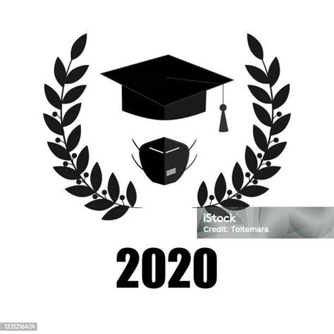 2020 격리 극단적 인 졸업 파티 대학원 모자 호흡보호구 및 월계관 화환 인사말 카드 로고 전단지 T 셔츠 디자인의 디자인에 대 한 개념 벡터 일러스트레이션 2020년에