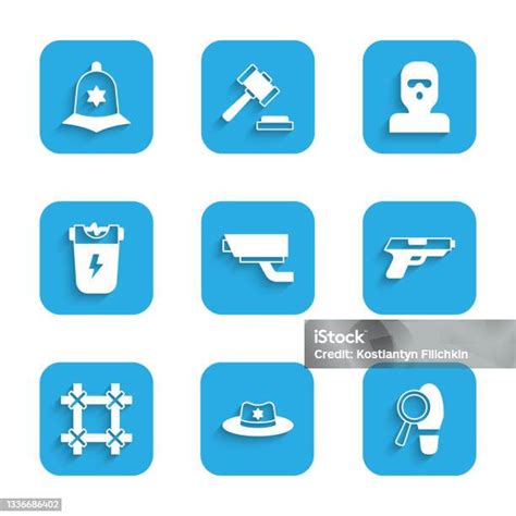 보안 카메라 배지 발자국 권총 또는 총 감옥 창 경찰 전기 충격기 도둑 마스크와 영국 경찰 헬멧 아이콘 보안관 모자를 설정합니다 벡터 0명에 대한 스톡 벡터 아트 및 기타