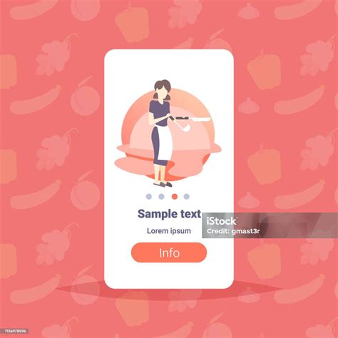 여자 앞치마에서 금속 국자와 프라이팬 주부 요리 음식 컨셉 여성 만화 캐릭터 전체 길이 평면 수직 복사 공간 가정 주방에 대한 스톡 벡터 아트 및 기타 이미지 Istock