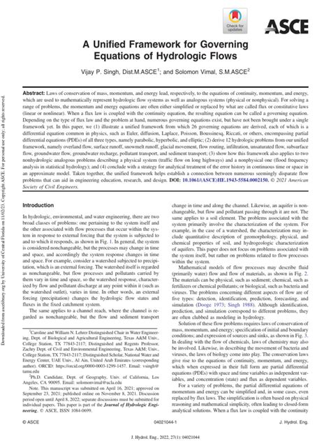 Singh Vimal 2021 A Unified Framework For Governing Equations Of Hydrologic Flows Pdf Partial
