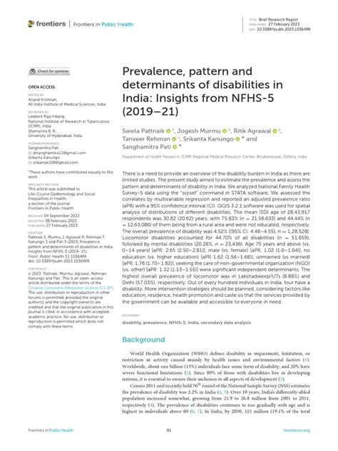 Prevalence Pattern And Determinants Of Disabilities In India Insights From Nfhs 5 2019 21