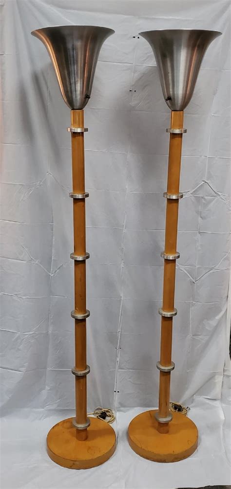 1940s Russel Wright Art Deco Hardrock Maple Spun Aluminum Torchiere