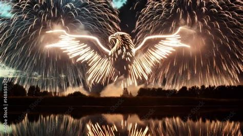 Fireworks Forming Majestic Eagle Shape Reflecting Over Water In A Night