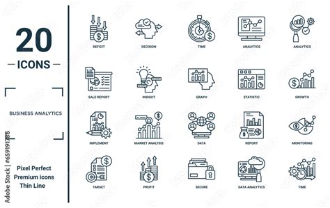 Business Analytics Linear Icon Set Includes Thin Line Deficit Sale Report Implement Target