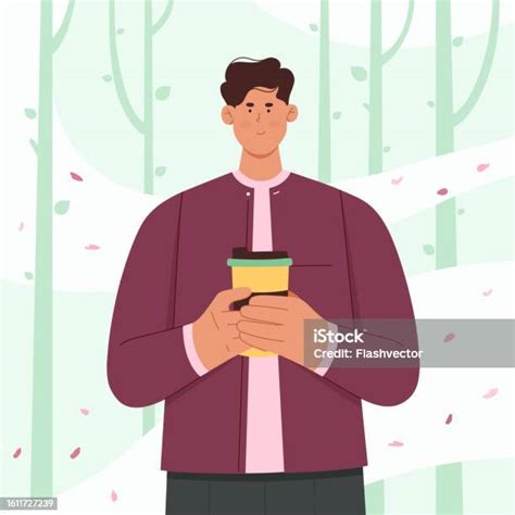 봄 공원에서 커피를 마시는 남자 나무와 날아다니는 벚꽃잎 사이의 남성 캐릭터 남자에 대한 스톡 벡터 아트 및 기타 이미지 남자 마시기 커피 마실 것 Istock