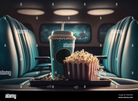 Seau de pop corn et grand soda sur le plateau au dessus du siège de cinéma avec salon et grand