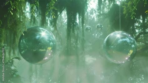vidéo stock translucent iridescent spheres hover in a tranquil misty