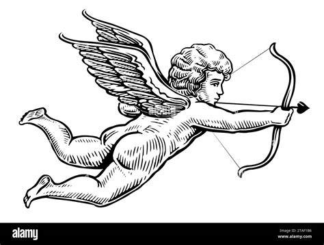 Hand Drawn Flying Angel With Bow And Arrow Isolated On White Background Sketch Vintage
