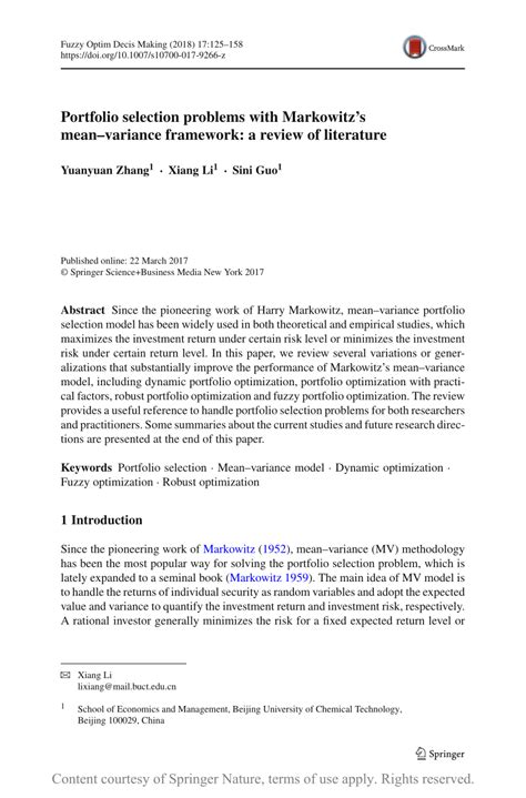 Portfolio Selection Problems With Markowitzs Meanvariance Framework A Review Of Literature